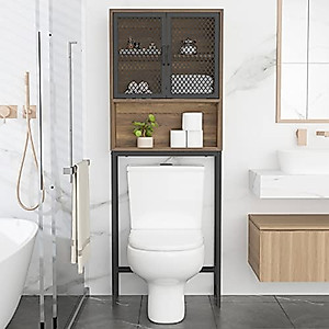 Launica Bathroom Organizer Over Toilet, Over The Toilet Storage Cabinet, Wood Metal Bathroom Space Saver Stand Behind Toilet, Industrial Freestanding Bathroom Rack Above Toilet Wtih Shelf, Rustic Oak