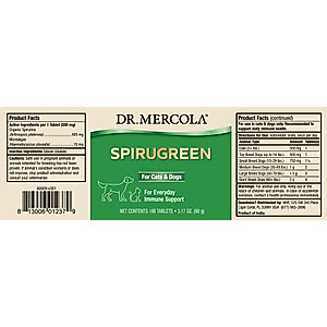 Dr. Mercola, SpiruGreen, for Cats and Dogs (180 Tablets), with Organic Spirulina and Microalgae,Organic Spirulina, Non GMO, Soy Free, Gluten Free