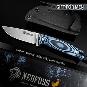 NedFoss Hyenas Bushcraft Knife with Fire Starter, 3.5" 440C Steel Camping Knife with Kydex Sheath, Blue G10 Handle for Outdoor, TAC, Gift