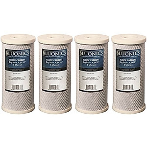 BLUONICS Carbon Block Replacement Water Filters 4 pcs (5 Micron) 4.5" x 10" Cartridges for Chlorine, Herbicides, Insecticides, Bad Taste and Odor