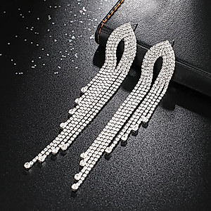 Silver Rhinestone Earrings Dangling for Women Hypoallergenic Long Tassel Drop Dangle Earrings for Wedding