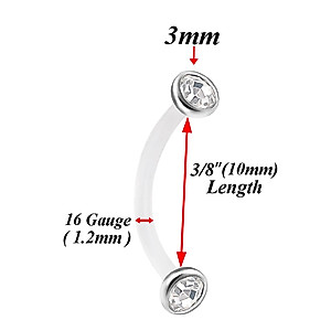 bodyjewellery 2pcs 16g 3/8 Curved Barbell Septum Cartilage Earring Eyebrow Helix Bioflex Flexible Tragus Steel halfball - CL