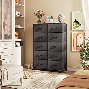 WLIVE 10-Drawer Dresser, Fabric Storage Tower for Bedroom, Hallway, Nursery, Closets, Tall Chest Organizer Unit with Textured Print Bins, Steel Frame, Wood Top, Easy Pull Handle, Charcoal Black