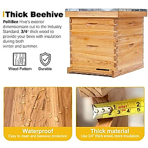 POLLIBEE 10 Frame Beehive Starter Kit, Beeswax Coated Bee Hives Includes 1 Deep Bee Boxes and 1 Bee Hive Super with Beehive Frames and Beeswax Foundation