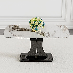 Pvillez 63" White Faux Marble Dining Table, Modern Kitchen Table for 4 6 People, Rectangular Dinner Room Table Marble Sintered Stone Top & Black Curved X Shape Pedestal Table for Dining Room Kitchen