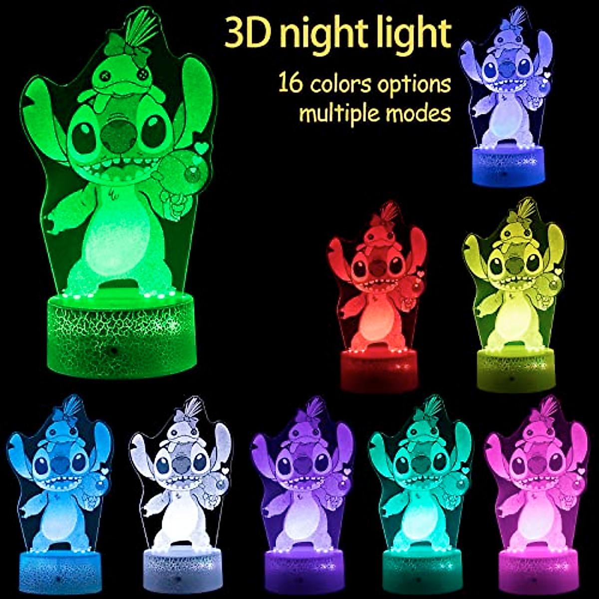 AmazerGift Stitch Night Light for Kids,Stitch Gifts,Christmas and Birthday Party Supplies for Boys/Girls, Stitch Decoration 3D Night Light, 16 Colors Change with Remote