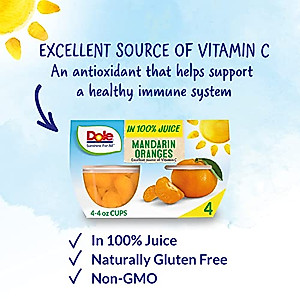 Dole Fruit Bowls Mandarin Oranges in 100% Juice Snacks, 4oz 24 Total Cups, Gluten & Dairy Free, Bulk Lunch Snacks for Kids & Adults