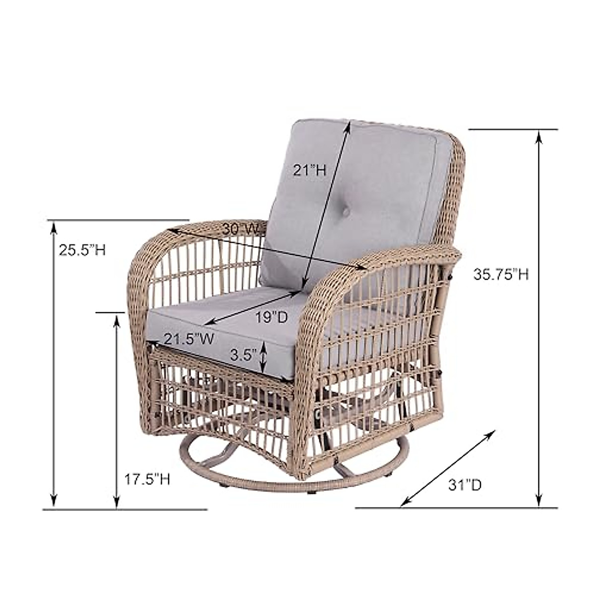 Livavege Outdoor Patio Rattan Gray Cushion, Weather-Resistant PE Wicker Furniture for Porch, Sunroom, Deck, Backyard, Swivel Rocker Chair, Natural