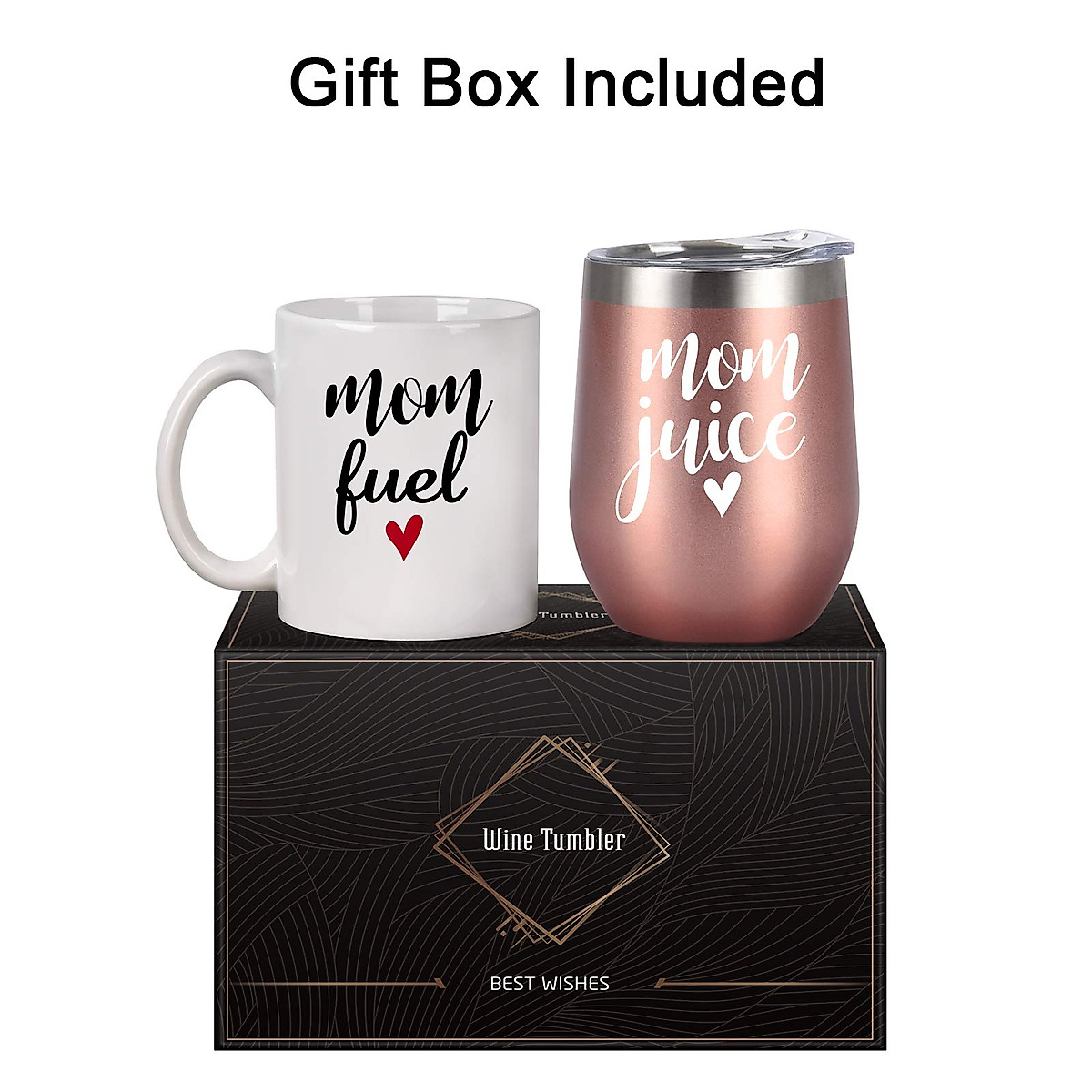 Qtencas Mom Gifts, Mom Juice Mom Fuel Coffee Mug and Wine Tumbler Set, Birthday Christmas Gifts for Mom New Mom Mothers to be Wife Women Mother's Day, Insulated Stainless Steel Wine Tumbler with Lid
