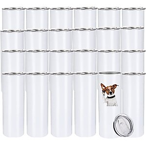 WHEATHUSK 24 Pack Sublimation Tumblers Bulk 20oz Blank White Straight Skinny Tumbler Stainless Steel Double Wall Insulated with Lid, Individually Boxed, Polymer Coating for Heat Transfer