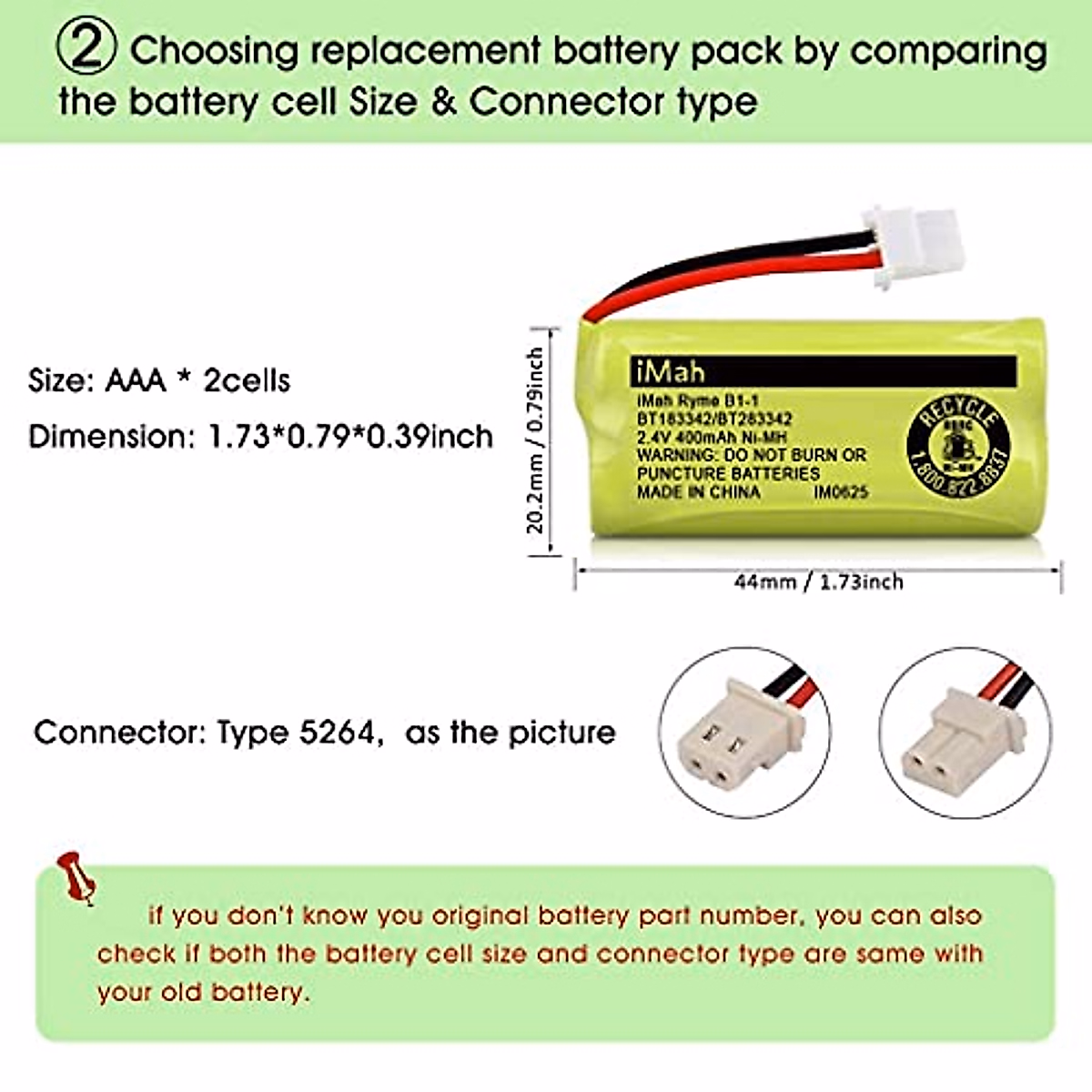 iMah BT183342/BT283342 2.4V 400mAh Ni-MH Battery Compatible with AT&T CL82207 EL52100 EL50003 VTech CS6709 CS6609 CS6409 BL102-3 Handset Replace Battery BT166342 BT266342 BT162342 BT262342, 2-Pack
