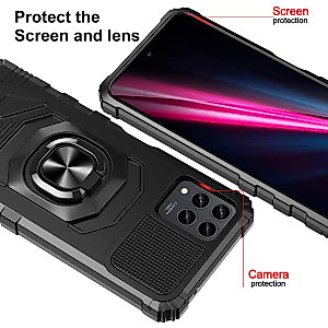 Galaxy Wireless for T-Mobile REVVL 6 Pro 5G Case w/Tempered Glass Screen Protector [Military Grade] Ring Car Mount Kickstand Shockproof Hard Phone Case - Black