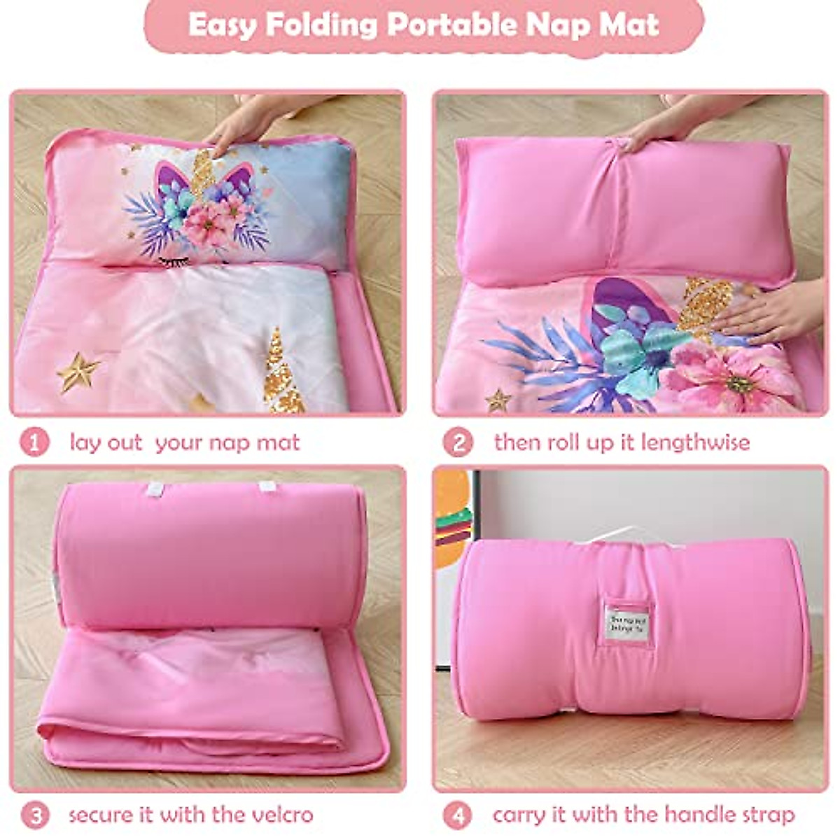 KINBEDY Pink Unicorn Toddler Nap Mat for Daycare Preschool Girls Floral Kids Sleeping Mat Pad Toddler Bedding Set Portable Baby Sleeping Bag with Pillow and Blanket for Travel Camping Outdoor