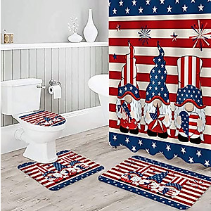 Comforance 4 Pcs Shower Curtain Set with Rug, Independence Day Star Bathroom Curtains Shower Set Toilet Mat Lid Rug Bathroom Sets Shower Curtain Sets with Hooks, Cute Gnomes Red Blue Stripes