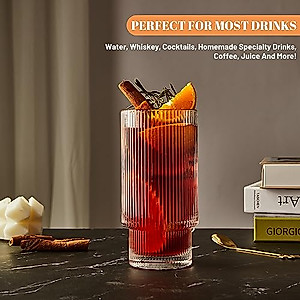 Set of 8 Glass Cups with Bamboo Lids and Straws 16oz Ribbed Glassware Set Drinking Glasses Highball Tumbler Airtight Lid Juices Iced Coffee Cups Mason Jar Drinking Cup for Cocktail Smoothies Soda Tea