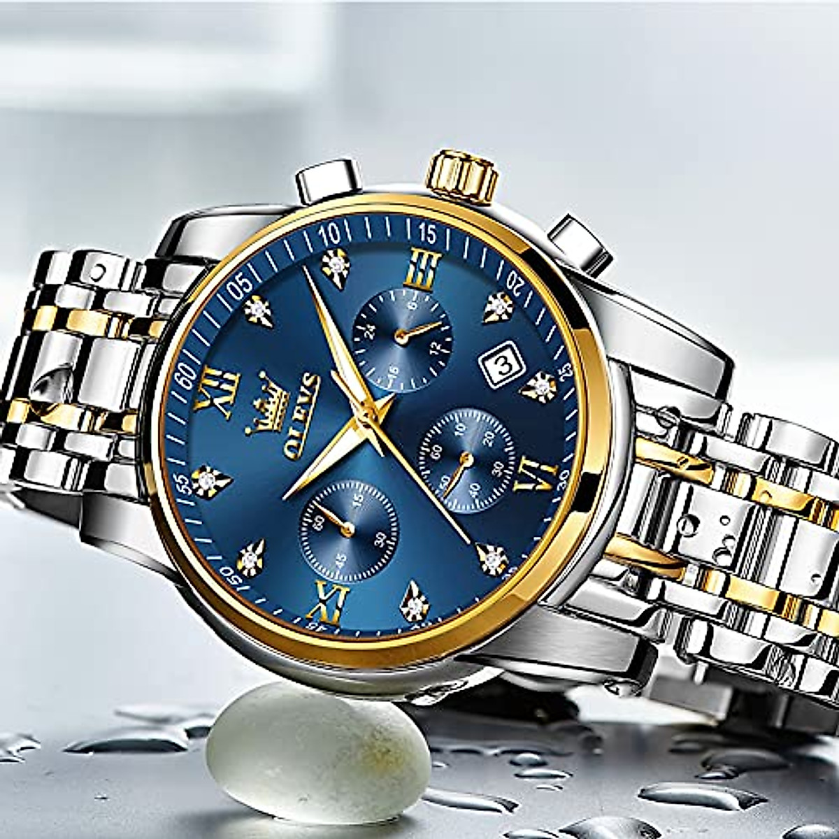 OLEVS Blue and Gold Two-Tone Watches for Men Fashion Multifunction Watches Date Waterproof Chronograph Wristwatches, Stainless Steel Watch Band Waterproof Watch Luminous