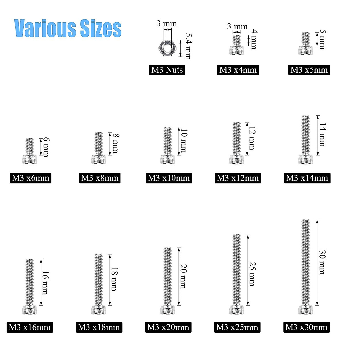 DYWISHKEY 700 Pieces M3 Stainless Steel 304 Hex Socket Head Cap Bolts Screws and Nuts Assortment Kit