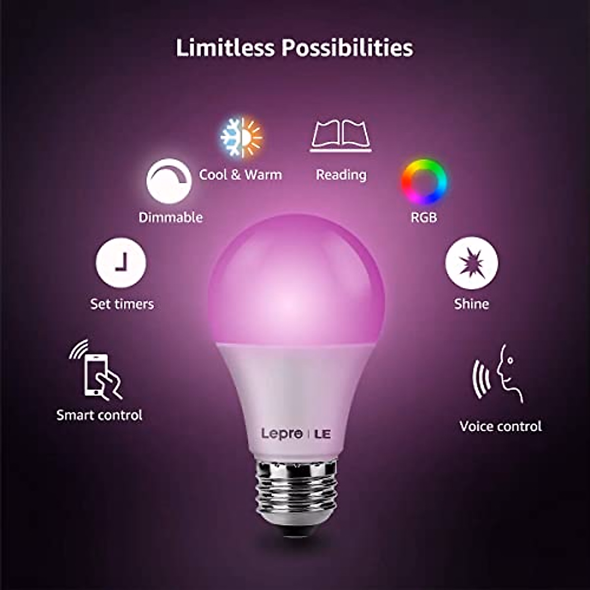 Smart WiFi Light Bulbs, LED Color Changing Lights, Works with Alexa & Google Assistant, RGBW 2700K-6500K, 60 Watt Equivalent, Dimmable with App, A19 E26, No Hub Required, 2.4GHz WiFi Only, Pack of 4