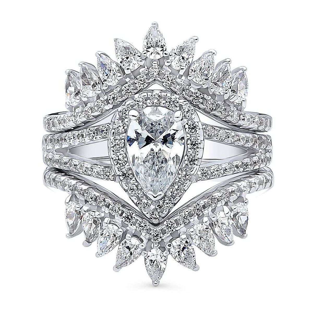 BERRICLE Sterling Silver Halo Wedding Engagement Rings Pear Cut Cubic Zirconia CZ Split Shank Ring Set for Women, Rhodium Plated Size 6