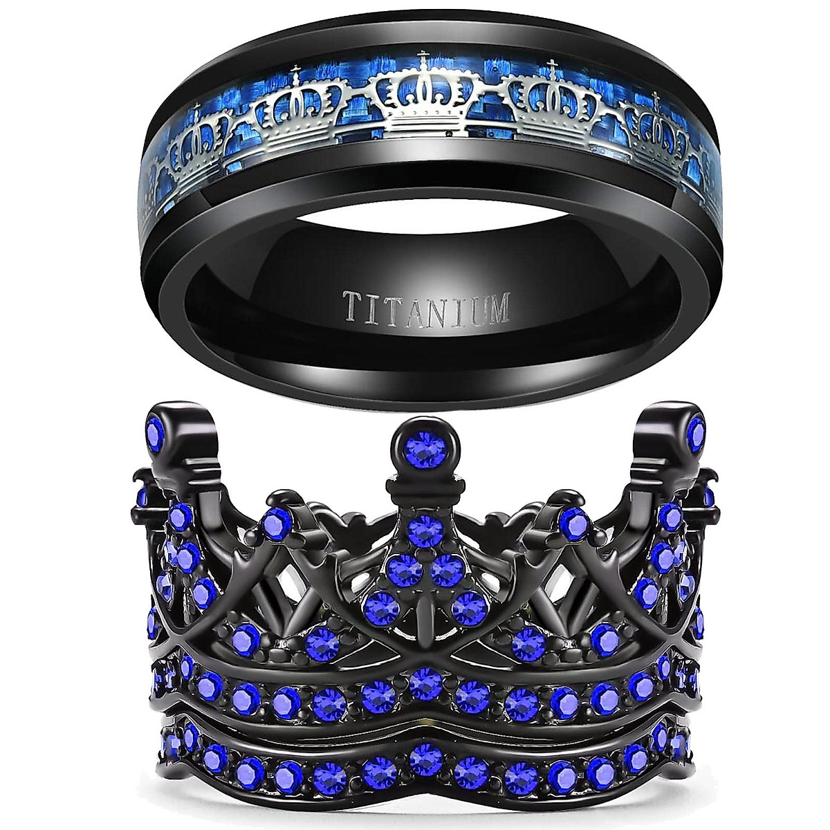 Ringcrown Couple Rings Black Crown Matching Ring Bridal Sets Blue Cz Womens Wedding Ring Sets for Him and Her Wedding Bands