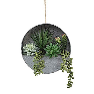 Flora Bunda Modern Artificial Succulent in 8 inch Hanging Galvanized Tin Wall Planter, Boho Wall Decor, Hanging Fake Plants Cactus for Home, Office