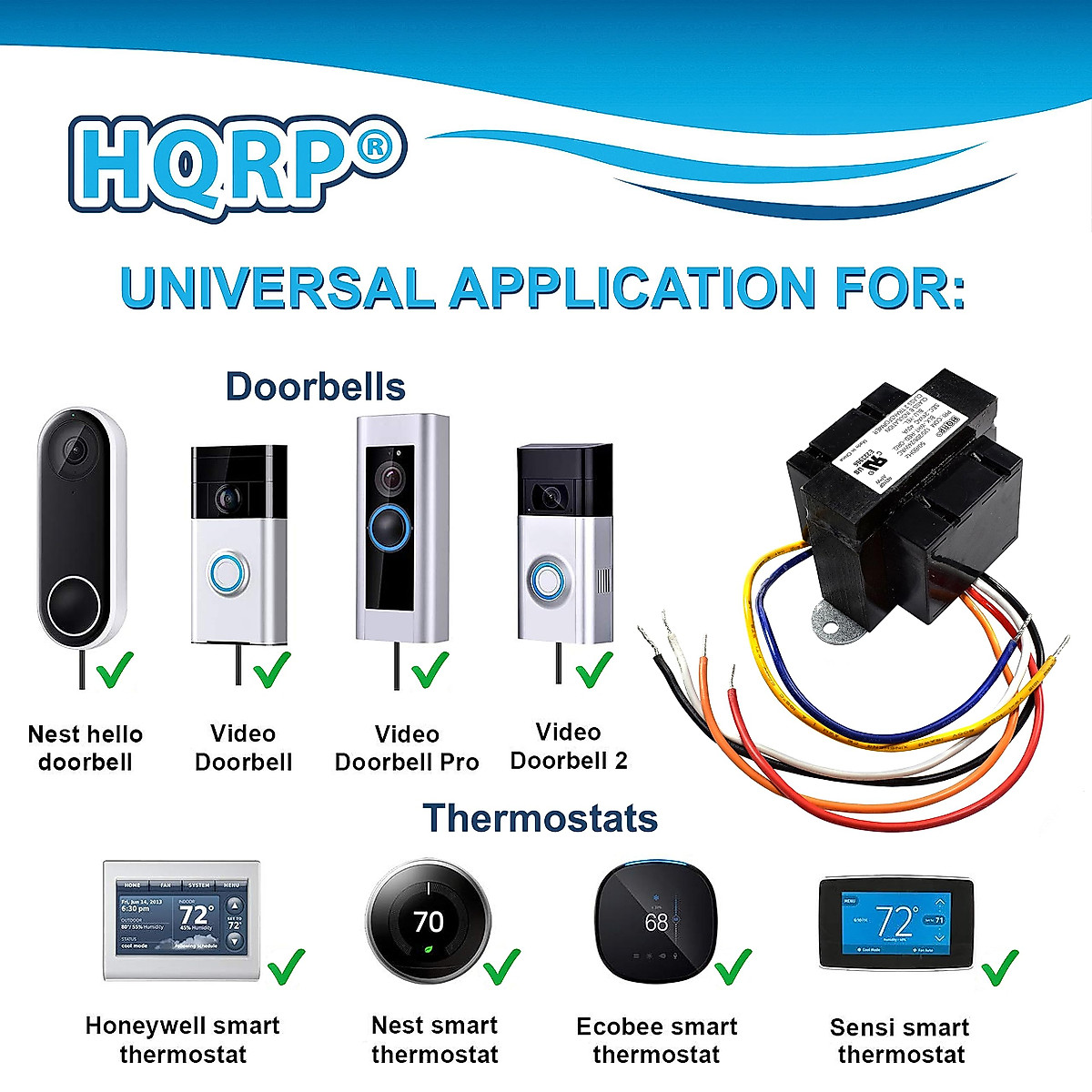 HQRP 120V-240V to 24V 40VA Transformer Compatible with Nest, Ecobee, Sensi, Honeywell Thermostat, Nest Doorbell and All Versions of Ring Doorbell Power Supply Adapter Door-Bell 120v-240v-to-24v, UL