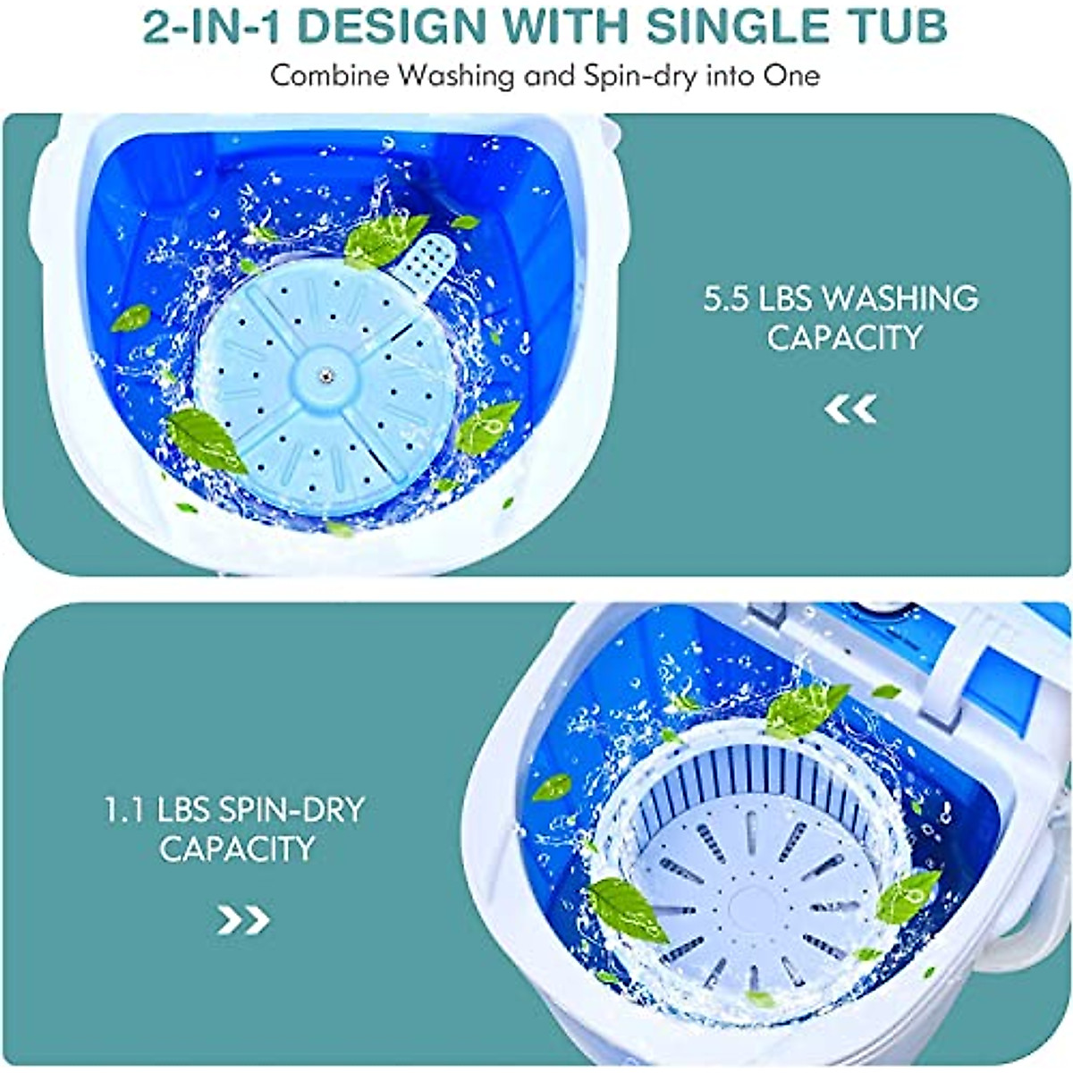 MEDIMALL Portable Washing Machine, Mini Washer and Dryer Combo w/ 5.5lbs Washing Capacity, Spin Cycle Basket, Drain Hose, Semi-Automatic Laundry Machine for RVs Camping Apartments Dorms