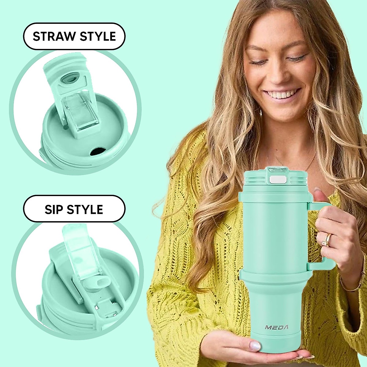 MEDA 40 oz Tumbler with Handle Foldable |Insulated, Reusable Travel Coffee Mug Stainless Steel | Perfect for Travel, Water, Iced Tea, Coffee (Green)