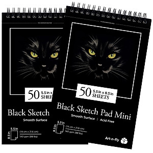 Art-N-Fly Black Sketch Pad Mini 5.5x8.5" 2 Pack - Black Paper Sketchbook for Drawings, Perforated Edge on Spiral 100 Sheets Total - Art Sketch Book for Coloured Pencils, Graphite, Pastels & Gel Pens