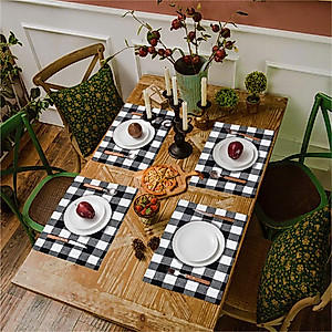 Senneny Set of 6 Christmas Placemats Buffalo Check Placemats Black White Plaid Reversible Burlap & Cotton Placemats for Christmas Holiday Table Home Decoration
