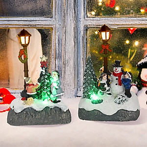Karenhi Christmas Village Sets, 2 Pcs Snowman Tree Santa Christmas Village Scene with Figurines LED Light Xmas Accessories Tabletop Decorative Xmas Ornaments for Table Decor(Rustic Style)