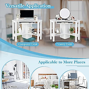 Tangkula Corner Desk with Keyboard Tray, Triangle Corner Computer Desk for Small Space, Bedroom Corner Makeup Vanity Desk with Storage Shelves, Space Saving Corner Writing Desk