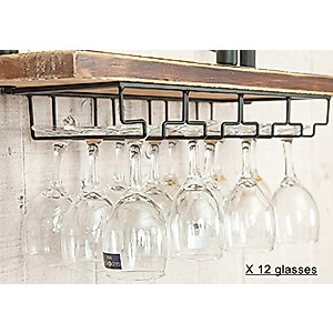 Industrial Wall Mounted Wine Rack, Wine Bottle Stemware Glass Rack, Floating Shelf Pipe Hanging Shelving with Glass Holders for Wine Glasses, Flutes, Mugs, Kitchen, Bar, (Retro Brown And Black)