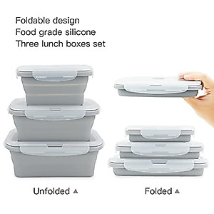Duoyou Collapsible Silicone Lunch Bento Box, Portable Food Storage Container Outdoor Picnic Box Space Saving, Microwave, Dishwasher and Freezer Safe, 3 Pcs Set (Grey)