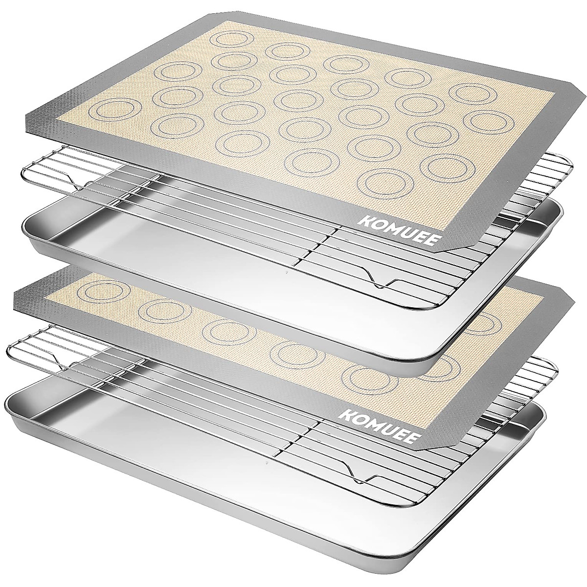 KOMUEE 9-Piece Baking Sheet, Cooling Rack with Silicone Mat Set (3 Pans + 3 Racks + 3 Mats), Stainless Steel Cookie Sheet with Cooling Rack and Baking Mat, Non Toxic & Easy Clean
