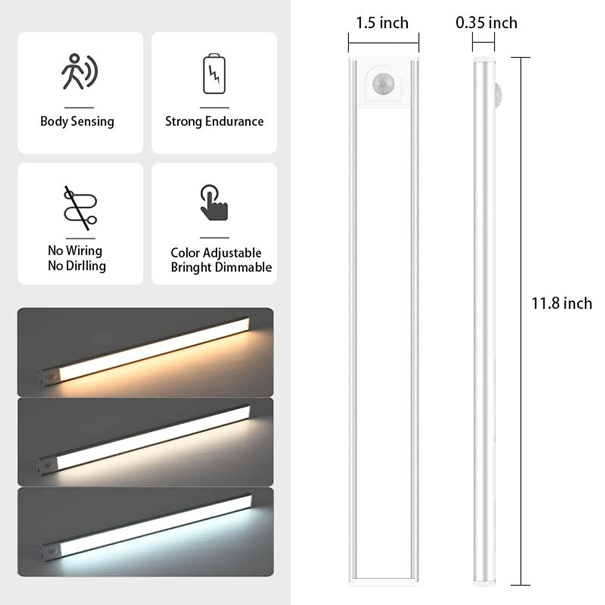 Holen Darrel Under Cabinet Lights Motion Sensor Light Wireless Battery Powered LED Counter Closet Lighting, USB Rechargeable Night Light for Kitchen Hallway Stairway Wardrobe Vanity 2 Pack 11.8 inch