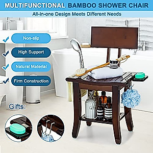 ETECHMART Bamboo Shower Bench with Back and Soap Dish, 2-Tier Shower Chair Bath Seat with Handle for Bathroom Bathtub Elderly Disabled, Waterproof Wood Spa Stool for Inside Shower Legs Shaving, Walnut