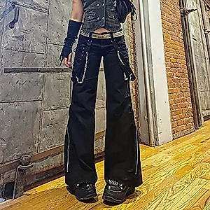 NUFIWI Women Gothic Cargo Pants Loose Low Waist Trousers Wide Leg Baggy Jeans Harajuku Streetwear Punk(Black Flare Goth,S)