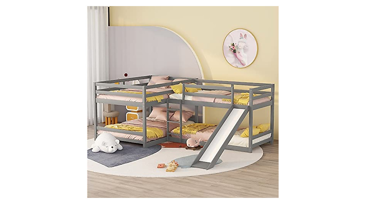 MERITLINE Quad Bunk Beds - Space-Saving L-Shaped Multi-Size Bunk Bed