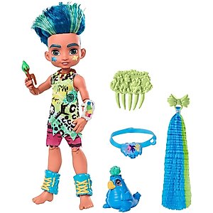 Mattel Cave Club Slate Doll (8-10-inch, Blue Hair) Poseable Prehistoric Fashion Doll with Dinosaur Pet and Accessories, Gift for 4 Year Olds and Up