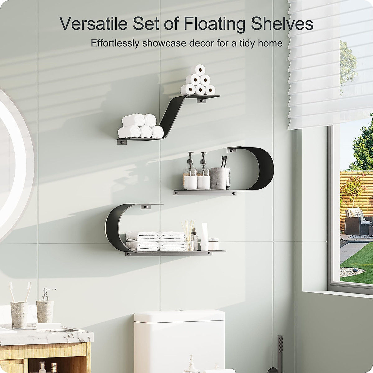 BUTUNITA Black Floating Shelves Set of 3, Black Metal Wall Decor, Unique Wall Mounted Floating Shelf, Modern Long Wall Shelf, Black Large Wall Shelves for Bedroom, Bathroom, Living Room