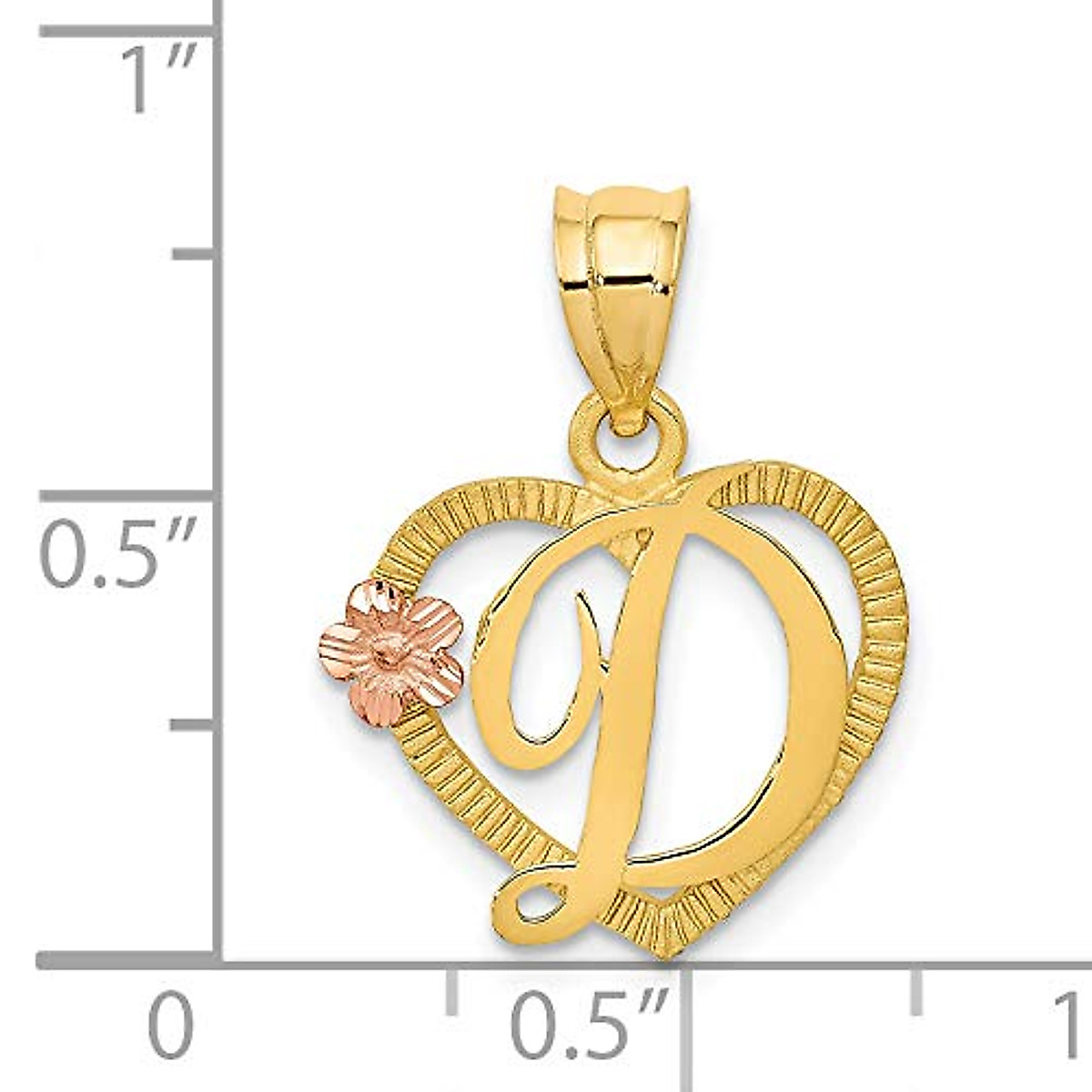 14k Two-Tone Yellow Gold Letter D Initial With Rose Gold Flower Inside Open Heart Pendant 22x16mm