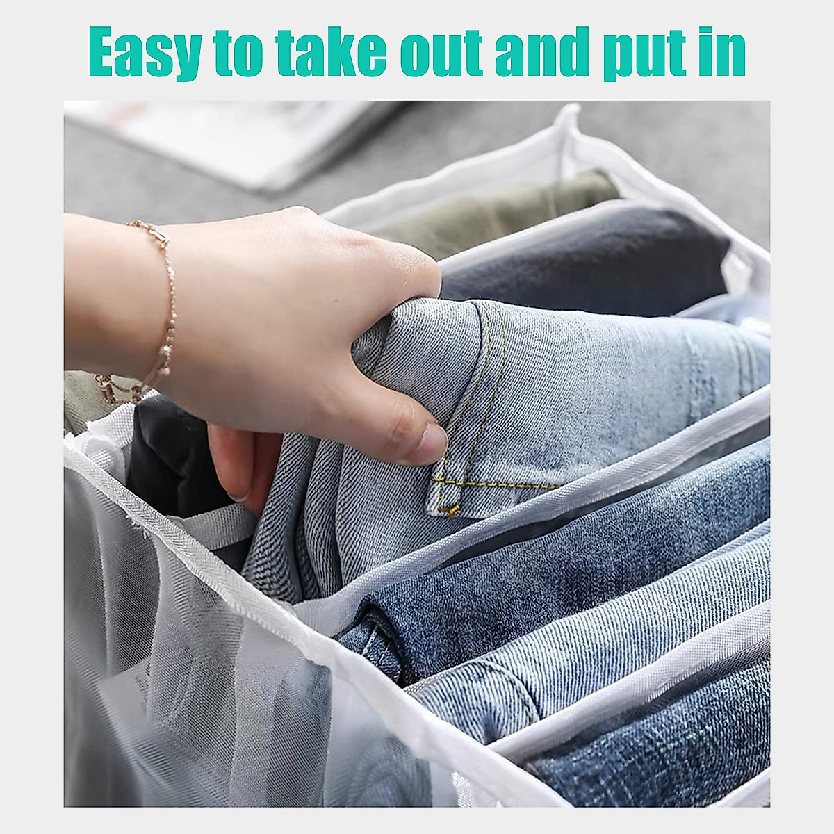 ORAV 7 Grids Wardrobe Organizer, Jeans Compartment Mesh Cloth Storage Box - Portable Pants drawers organizer for folded clothes (2Pcs Small, White)