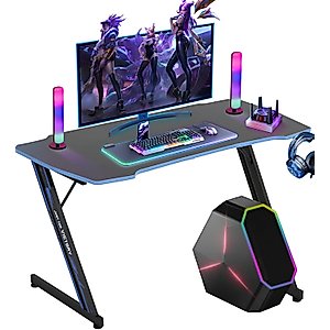 XXkseh 47 in Gaming Desk Z-Shaped Home Computer Desk with Hook Large Gaming Table for Work Study, PC Gaming Workstation with Carbon Fiber Surface, Sturdy Metal Frame, Stable and Durable, Red