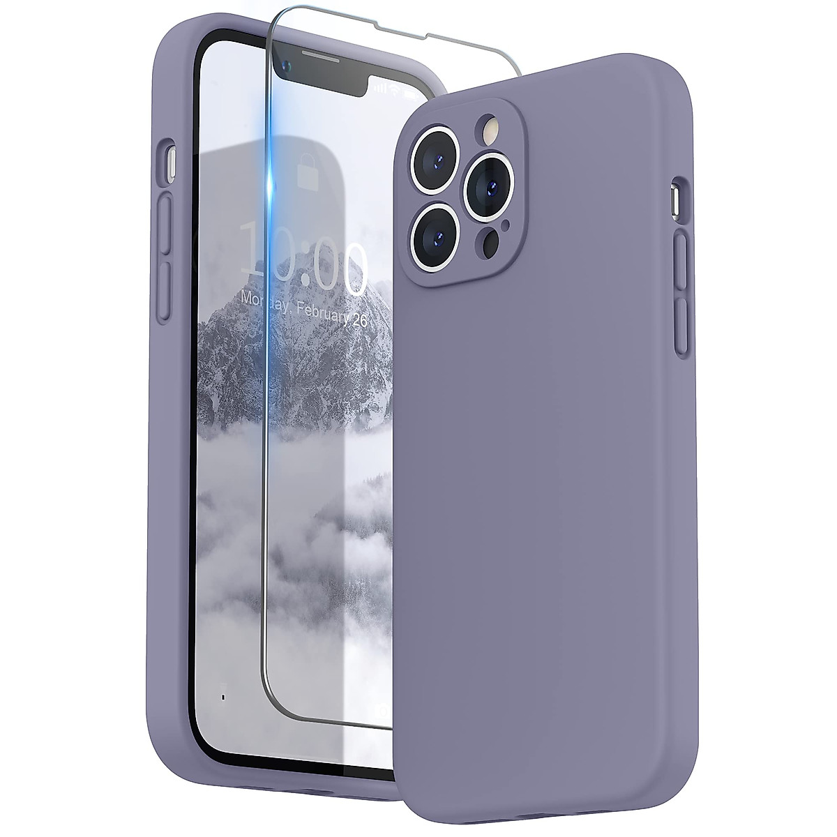 SURPHY Compatible with iPhone 13 Pro Max Case with Screen Protector, (Camera Protection + Soft Microfiber Lining) Liquid Silicone Phone Case 6.7 inch 2021, Lavender Gray