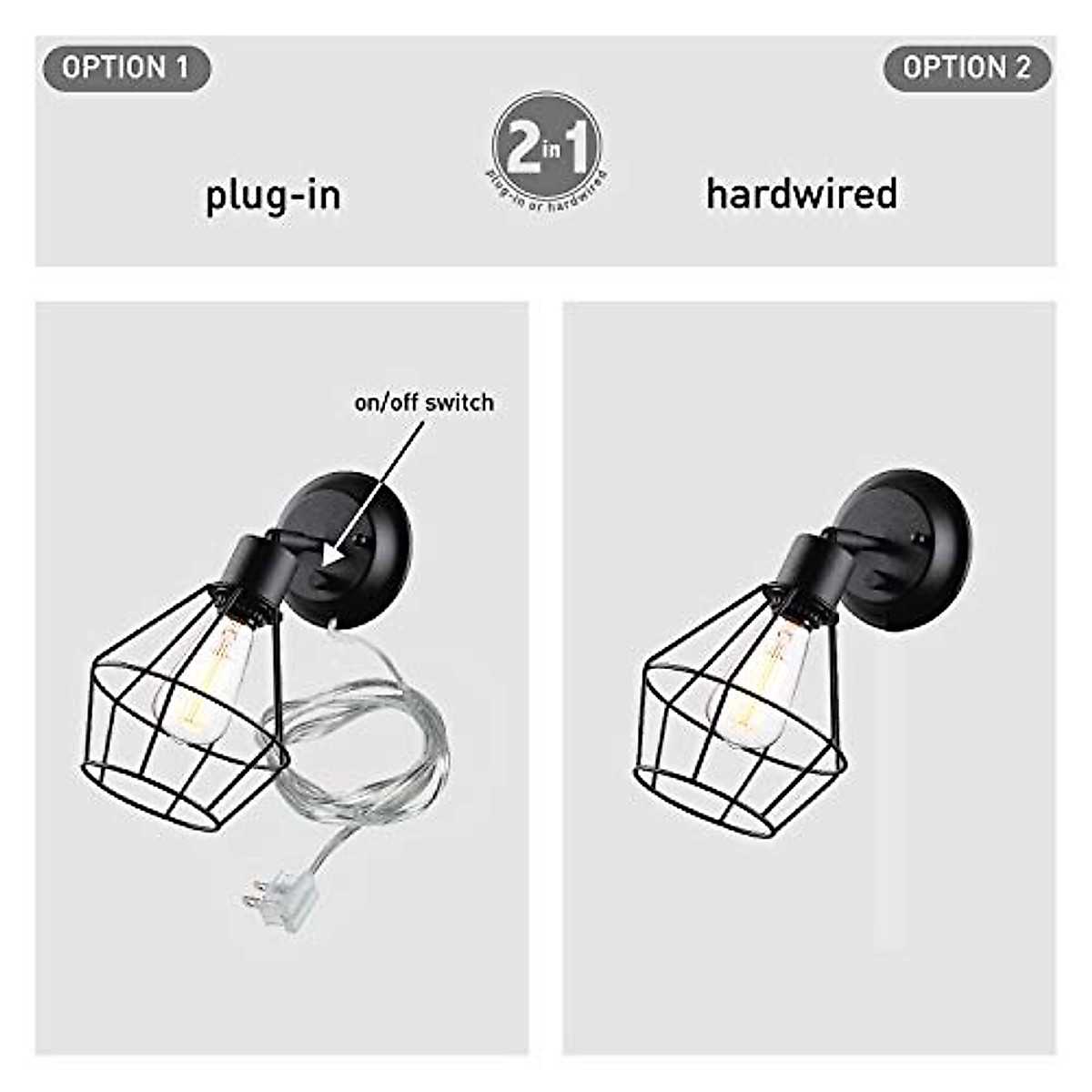 Globe Electric 65291 1-Light Plug-in or Hardwire Industrial Cage Wall Sconce, Matte Black Finish, On/Off Rotary Switch, 6ft Clear Cord, Wall Lights for Bedroom Plug in, Kitchen Sconces Wall Lighting