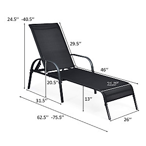 Giantex 2 Pack Patio Lounge Chair, Outdoor Chaise Lounge with 5 Adjustable Backrest, Sturdy Steel Frame, Sunbathing Recliner, Beach Chair, Tanning Chair for Outside, Yard, Balcony, Pool Chairs, Black