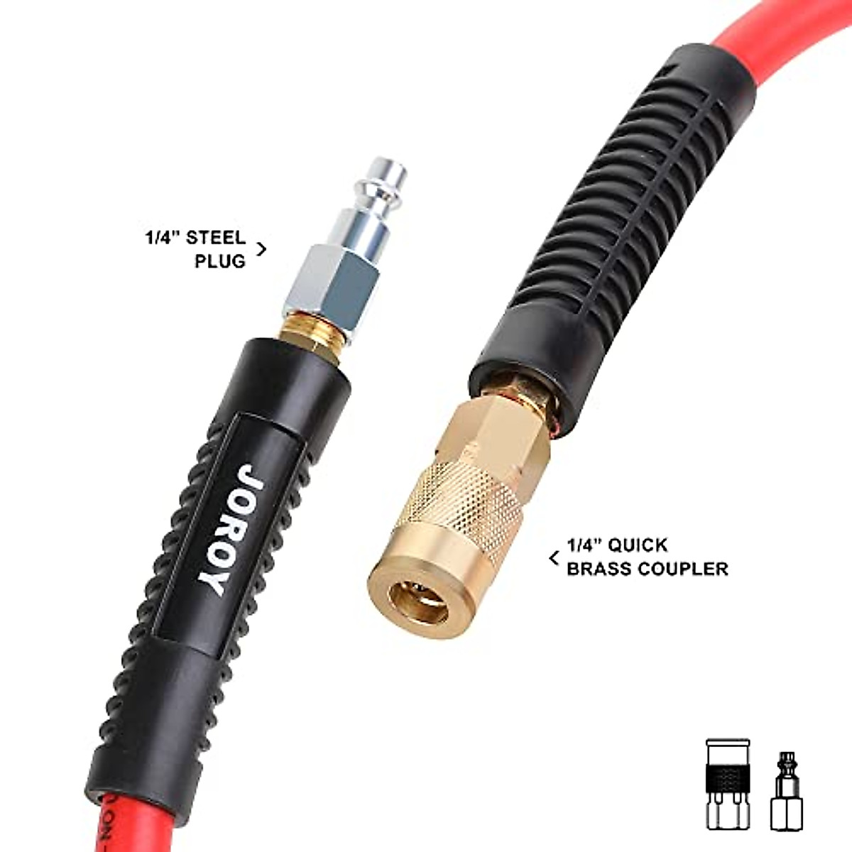 JOROY Hybrid Lead In Air Hose, 3/8-Inch X 3 FT Air Compressor Hose,Heavy Duty, Lightweight, Kink Resistant, All-Weather Flexibility with 1/4-Inch Brass Air Coupler and Plug