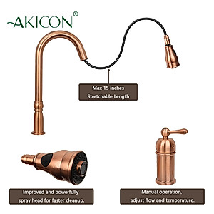 Copper Kitchen Faucet with in-Deck Handle and Soap Dispenser, Single Handle Solid Brass High Arc Pull Down Sprayer Head Kitchen Sink Faucet AK97918