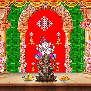 SATVIK 8x5ft. Fabric Backdrop for Indian Pooja Décor Ganpati Photo Traditional Puja Cloth Backdrop Mehndi Diwali Festival Marigold Flower Garland Tulle Curtain Wedding Bridal Baby Shower Wall Banner